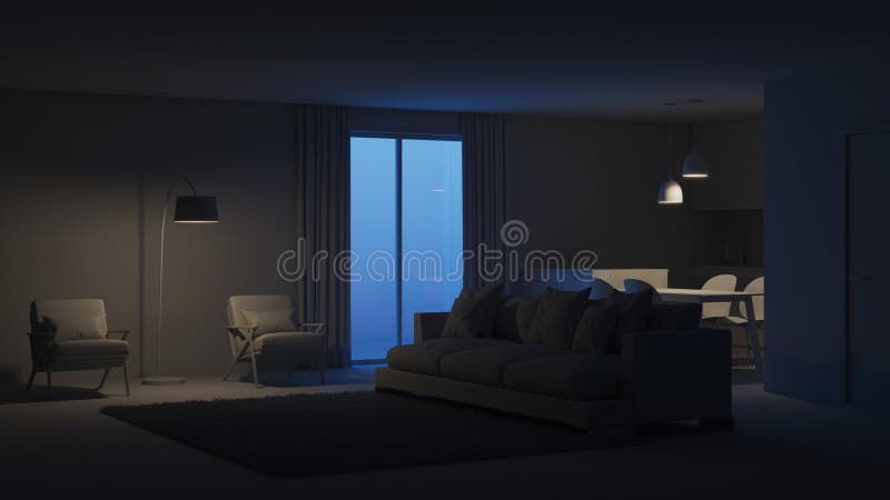 Modern House Interior. Night. Evening Lighting Stock Illustration ...