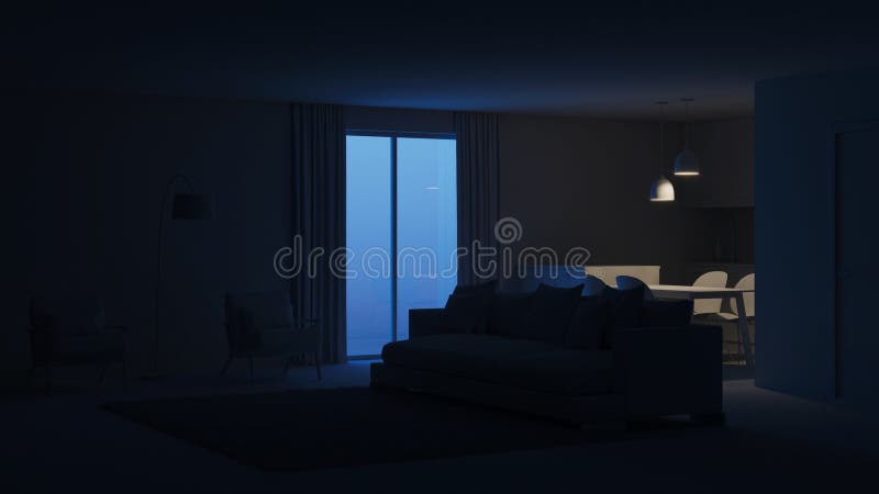 Modern House Interior. Night. Evening Lighting Stock Illustration ...