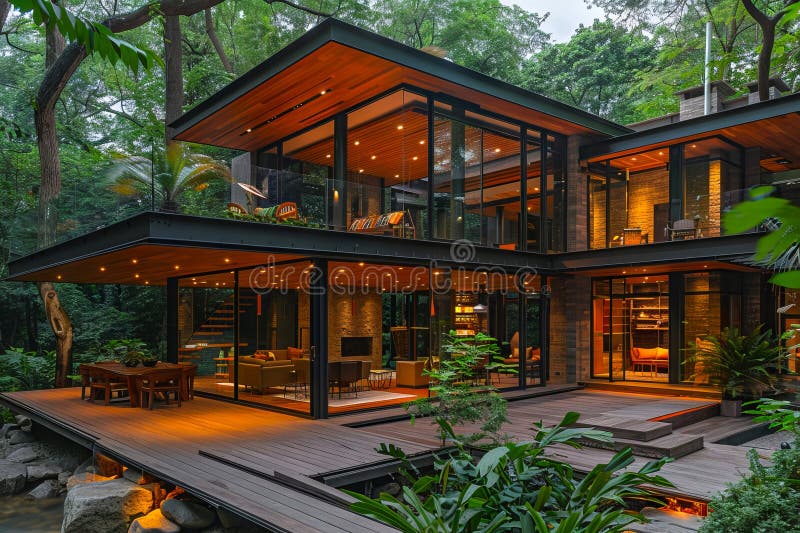 A Modern House in the Jungle with Glass Walls Stock Photo - Image of ...