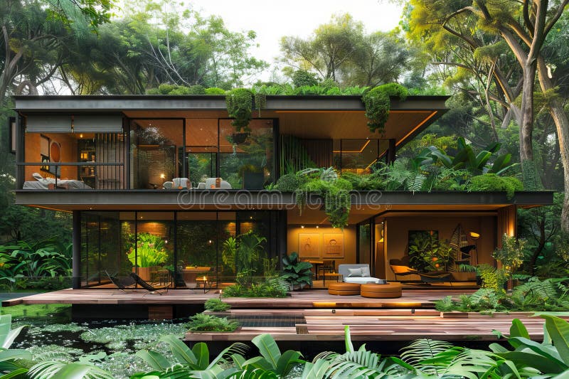 A Modern House in the Jungle with Lush Vegetation Stock Photo - Image ...