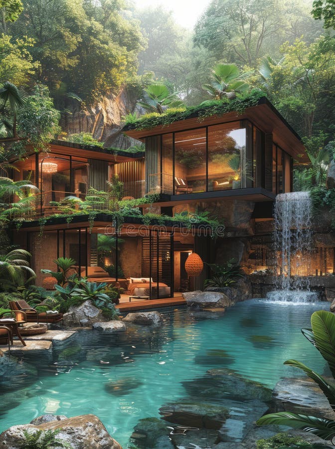 Modern House in the Jungle with Pool and Waterfall Stock Photo - Image ...
