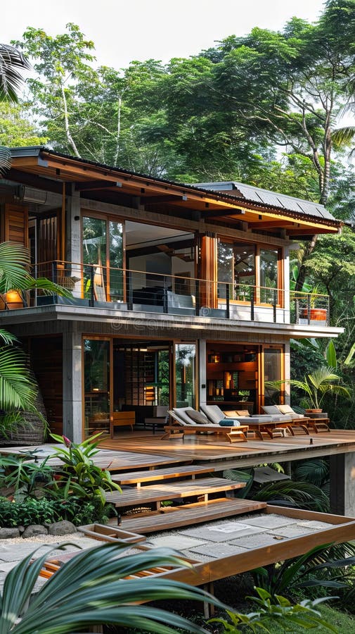 A Modern House in the Jungle with Wooden Decking Stock Image - Image of ...