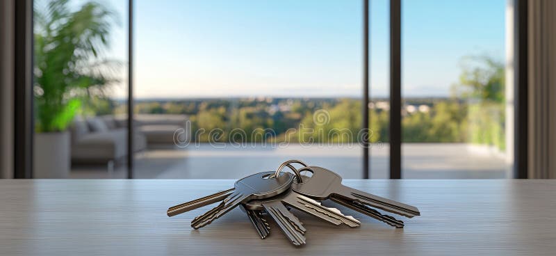 Modern House Keys on Table with Panoramic View High Quality Image Stock ...