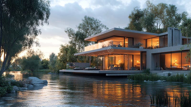 Modern House on Lake at Sunset, Illuminated Interior Visible through ...