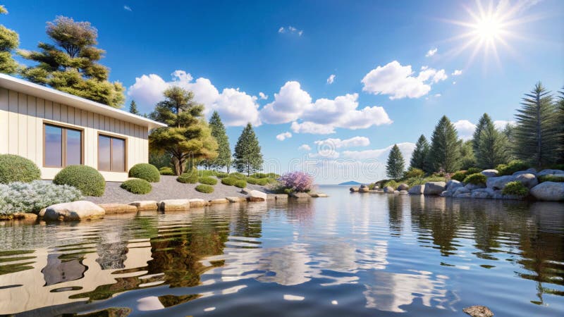 Modern House with a Lake View and Lush Greenery on a Sunny Day Stock ...