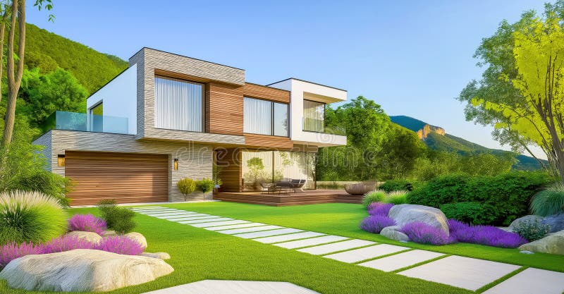 Modern House with Landscaping and Big Space Stock Illustration ...