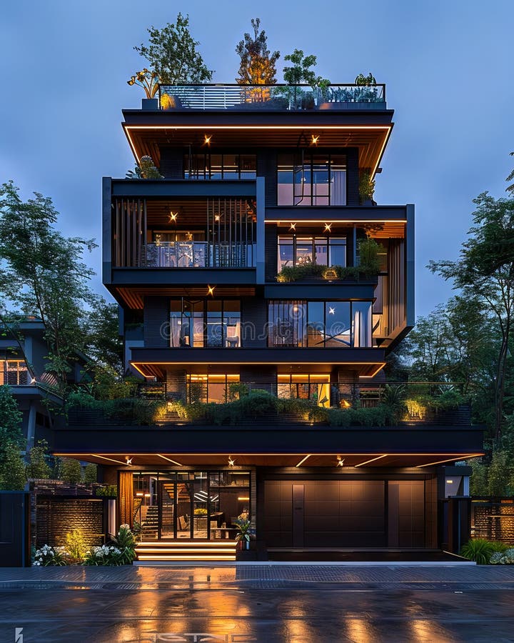 A Modern House with a Large Balcony and Trees Stock Photo - Image of ...