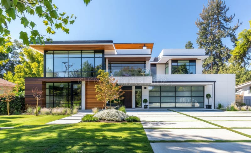 Modern House with a Spacious Garage, Lush Lawn, and Tall Trees on the ...