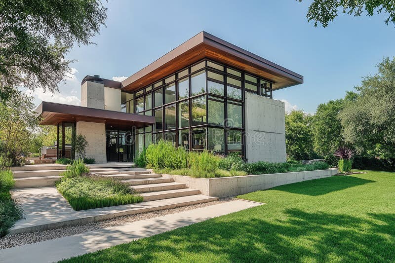 Modern House with Large Glass Windows and Landscaped Surroundings Stock ...
