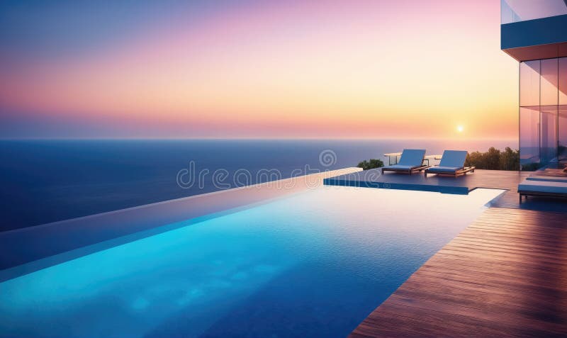 A Modern House with a Large Infinity Pool Overlooks the Ocean at Sunset ...
