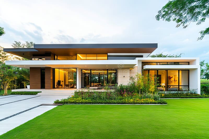 A Modern House with a Large Lawn in Front of it Stock Image - Image of ...