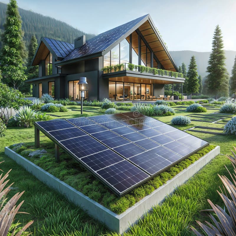 A Modern House with a Large Solar Panel Gracing the Front Yard ...