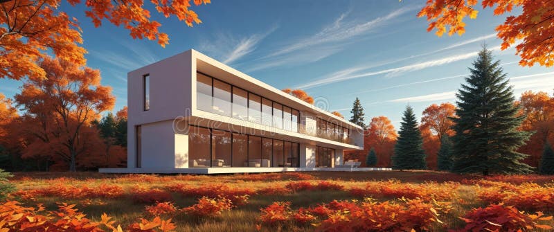 A Modern House with Large Windows and a Beautiful Autumn Landscape ...