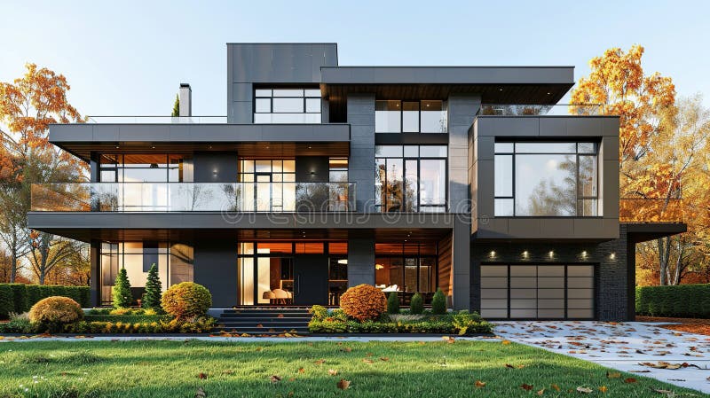 Modern House with Large Windows and a Flat Roof Stock Illustration ...