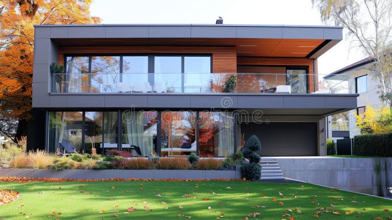 Modern House with Large Windows and a Flat Roof Stock Illustration ...