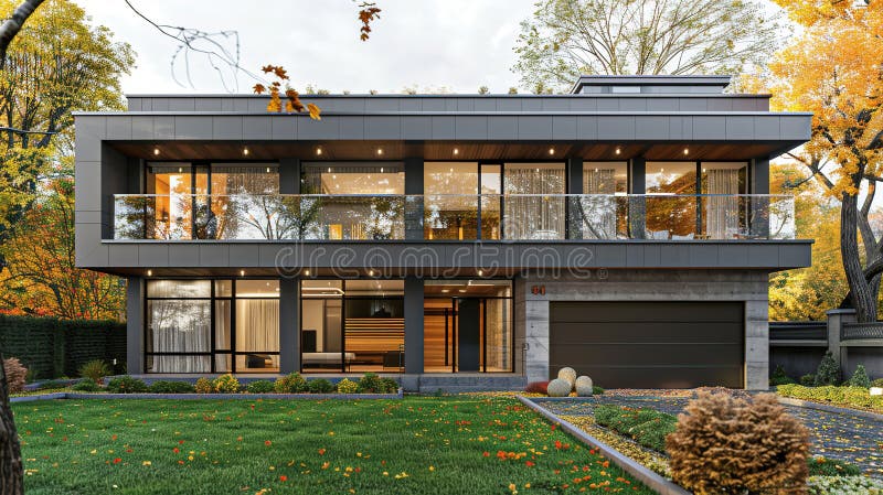 Modern House with Large Windows and a Flat Roof Stock Illustration ...