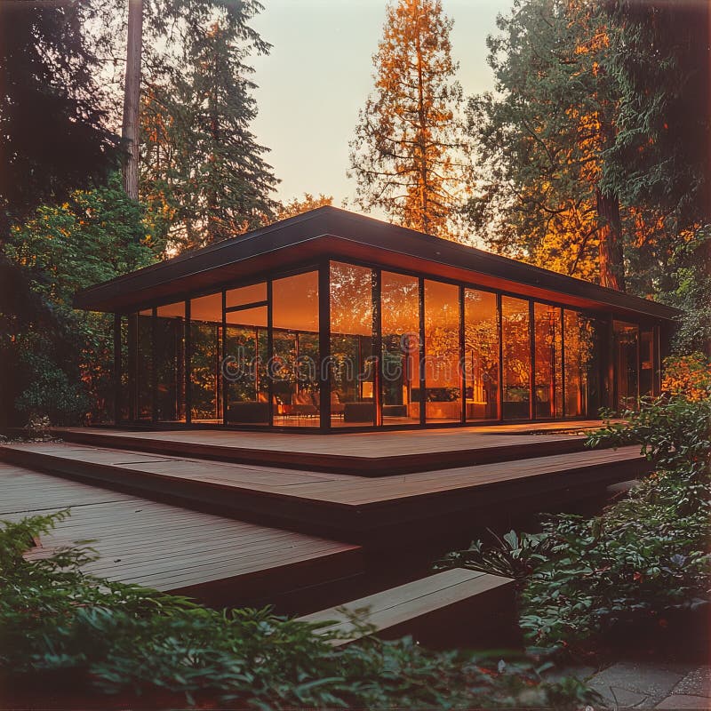 Modern House with Large Windows in a Forest Setting Stock Image - Image ...