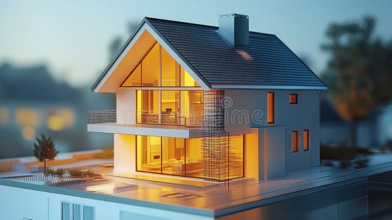 Modern House with Large Windows Illuminated at Dusk Stock Illustration ...