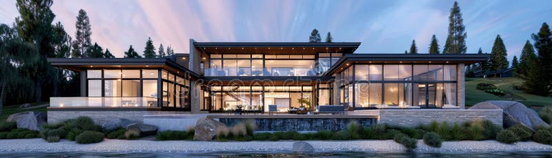 Modern House with Large Windows and a Lush Green Lawn Stock ...