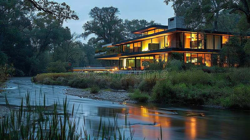 Modern House by the River stock illustration. Illustration of building ...