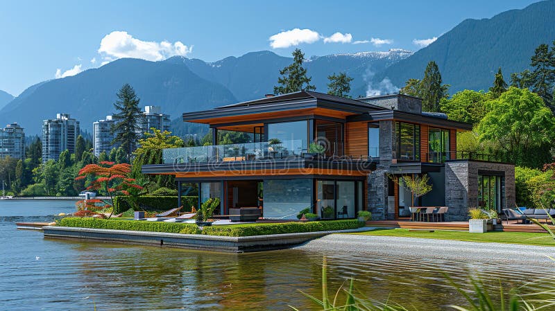 Modern House with Large Windows Overlooking a Lake with Mountains in ...