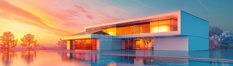 Modern House with Large Windows Reflecting Sunset Stock Illustration ...