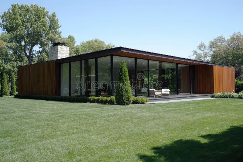 Modern House with Large Windows Set in a Grassy Landscape Stock ...