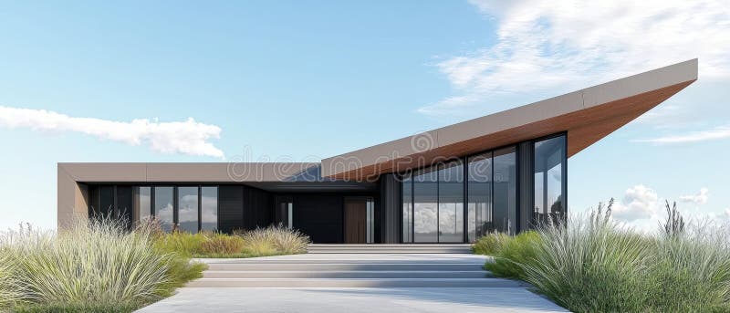 Modern House with Large Windows and Slanted Roof Stock Photo - Image of ...