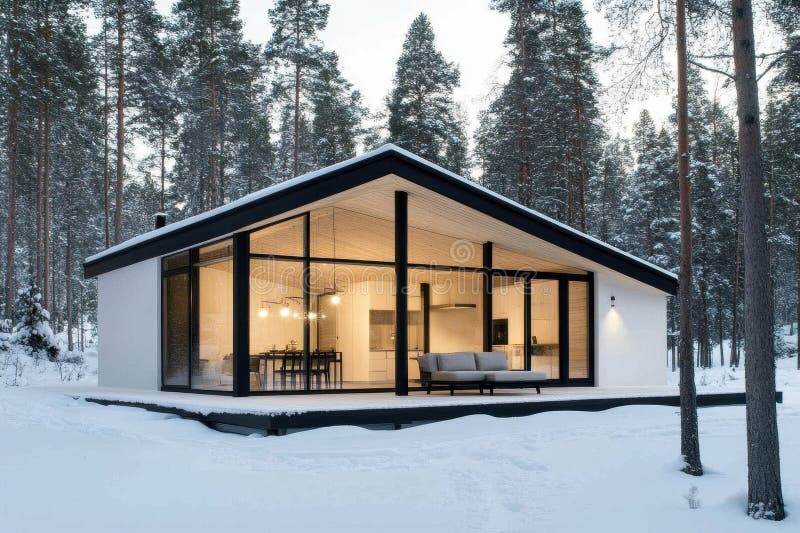 A Modern House with Large Windows in a Snowy Forest Setting Stock ...
