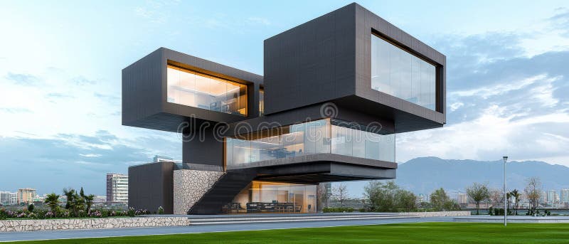 Modern House with Large Windows and Staircase Stock Image - Image of ...