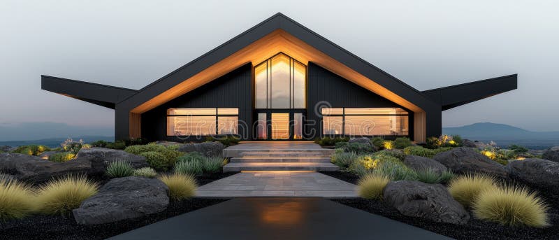 Modern House with Large Windows and Steep Roof Stock Photo - Image of ...