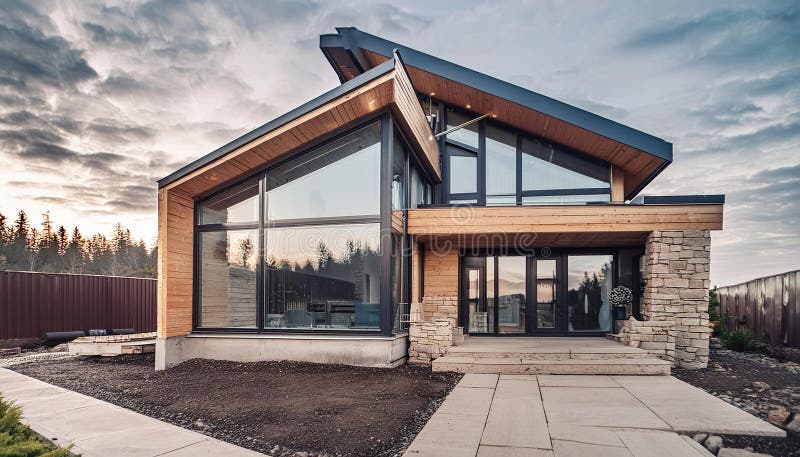 Modern House with Large Windows Stock Illustration - Illustration of ...