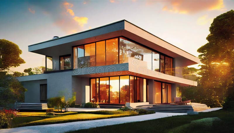 Modern House with Large Windows Stock Illustration - Illustration of ...
