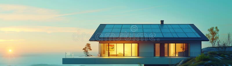 Modern House with Large Windows and a Sunset Sky Stock Illustration ...