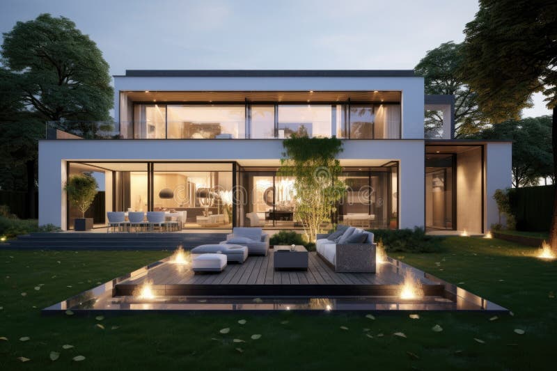 Modern House with Large Windows and Terrace Stock Illustration ...