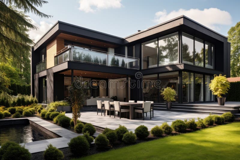 Modern House with Large Windows and Terrace Stock Photo - Image of ...