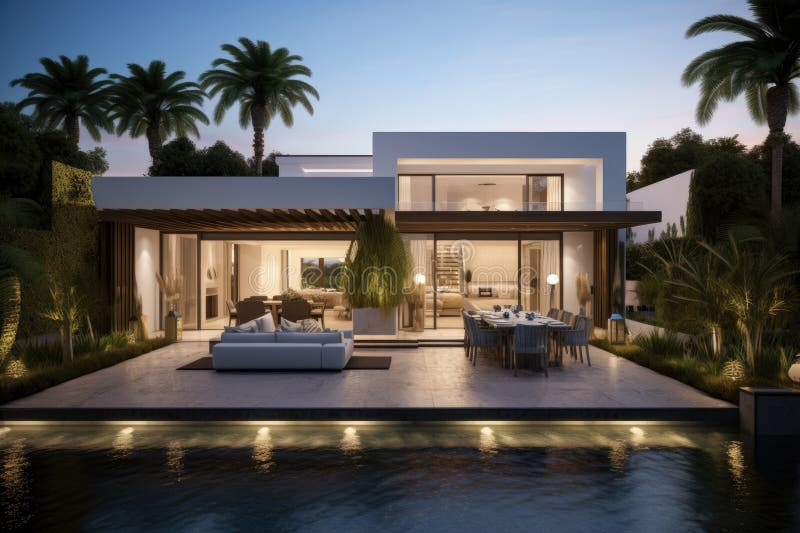 Modern House with Large Windows and Terrace Stock Image - Image of ...