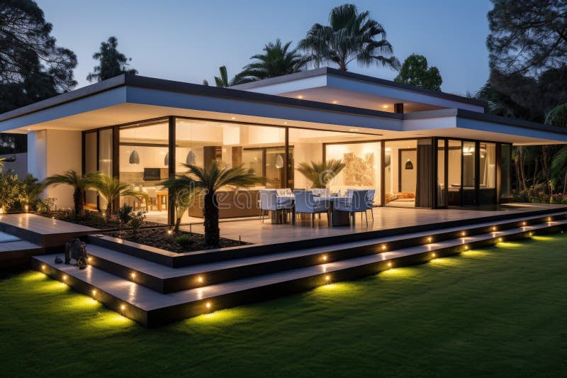 Modern House with Large Windows and Terrace Stock Image - Image of cozy ...