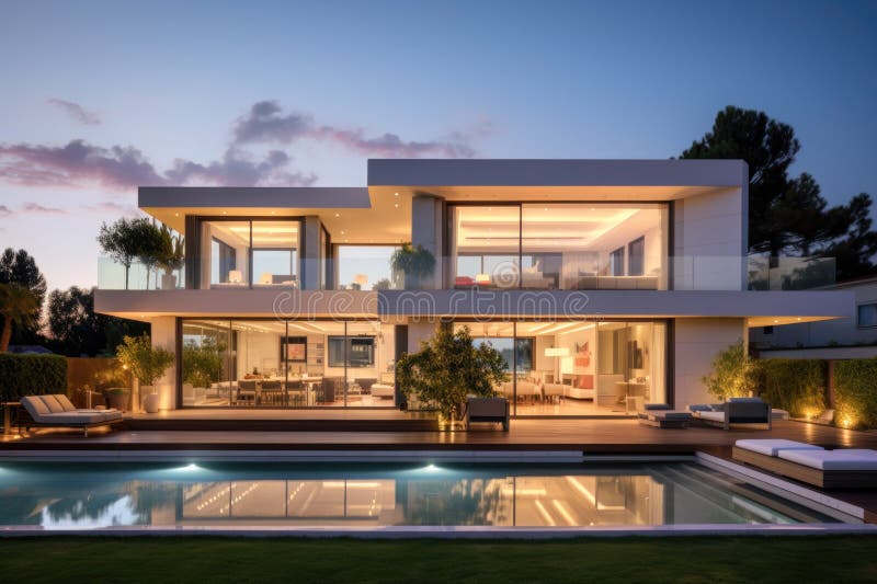 Modern House with Large Windows and Terrace Stock Photo - Image of ...