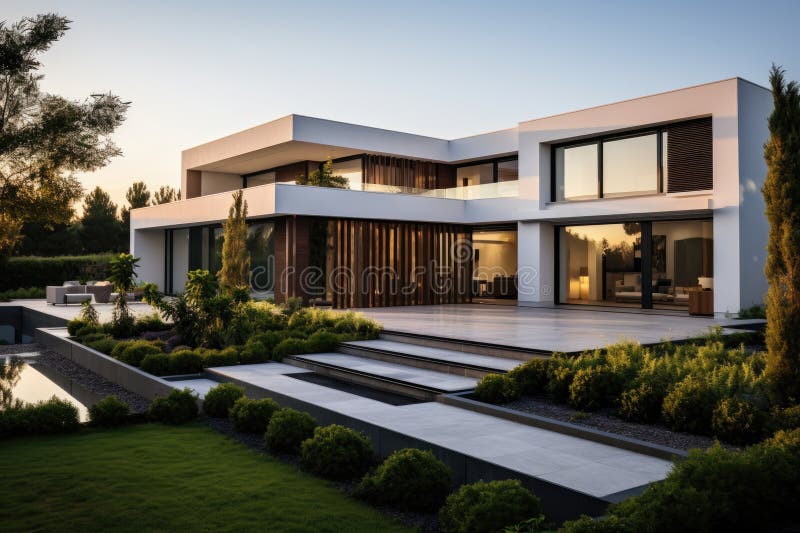 Modern House with Large Windows and Terrace Stock Photo - Image of ...