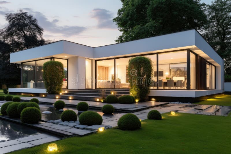 Modern House with Large Windows and Terrace Stock Image - Image of ...