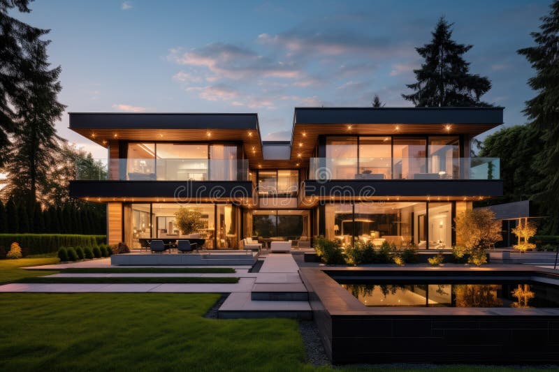 Modern House with Large Windows and Terrace Stock Photo - Image of ...