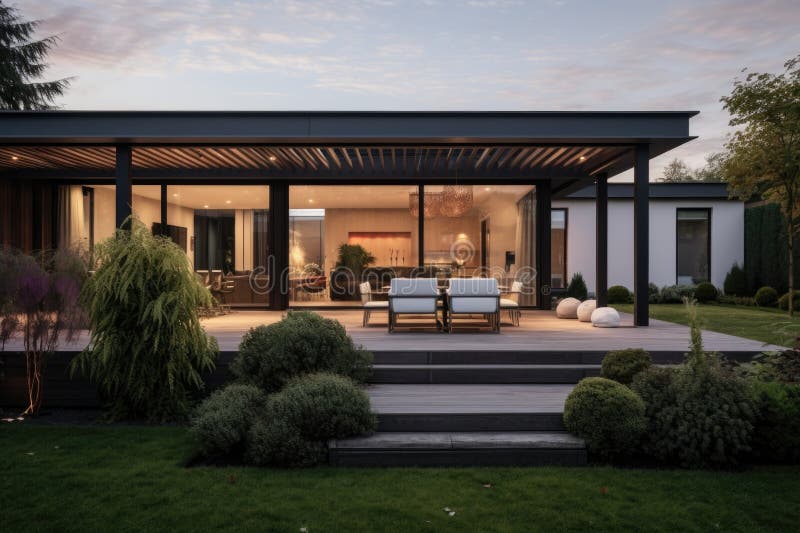 Modern House with Large Windows and Terrace Stock Image - Image of ...