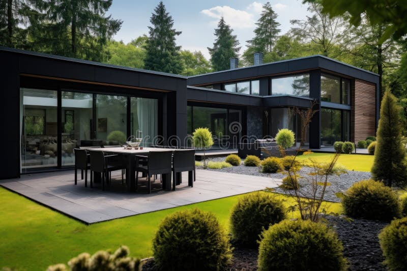 Modern House with Large Windows and Terrace Stock Image - Image of ...