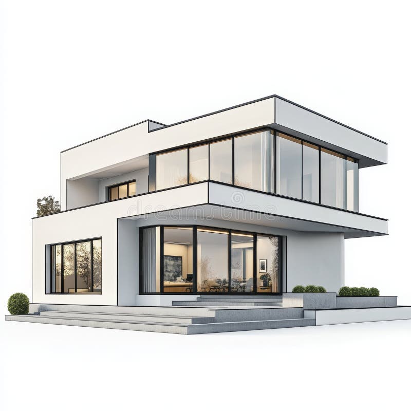 Modern House with Large Windows on White Background Stock Illustration ...