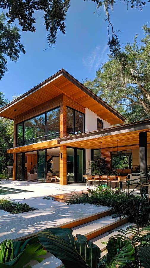 A Modern House with Large Windows and Wood Siding Stock Image - Image ...