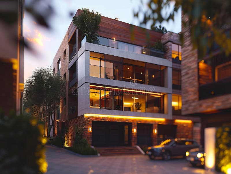A Modern House with a Lot of Trees and Cars Stock Image - Image of ...