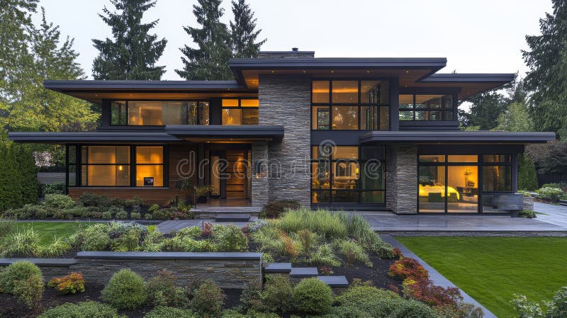 A Modern House with a Lot of Windows Stock Illustration - Illustration ...