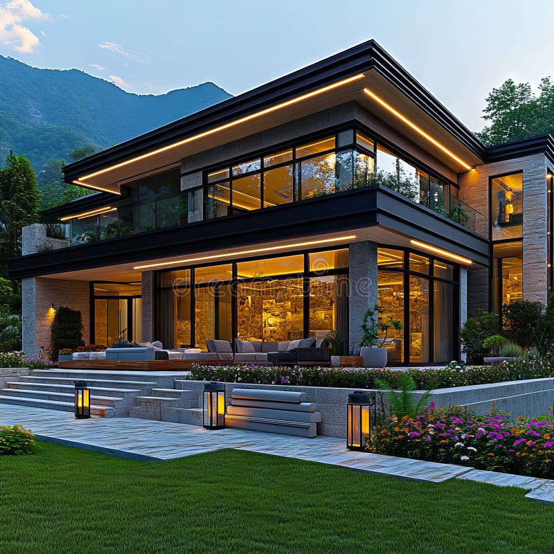 A Modern House with a Lot of Windows and a Patio Stock Image - Image of ...