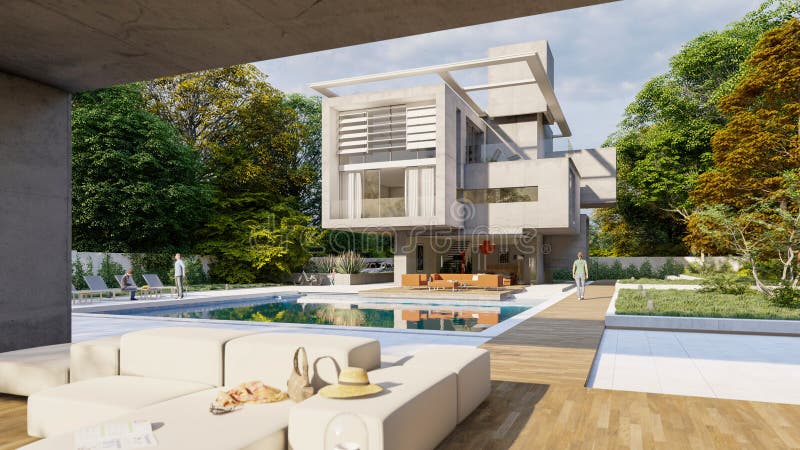 Modern House with Lounge Area by the Pool Stock Illustration ...